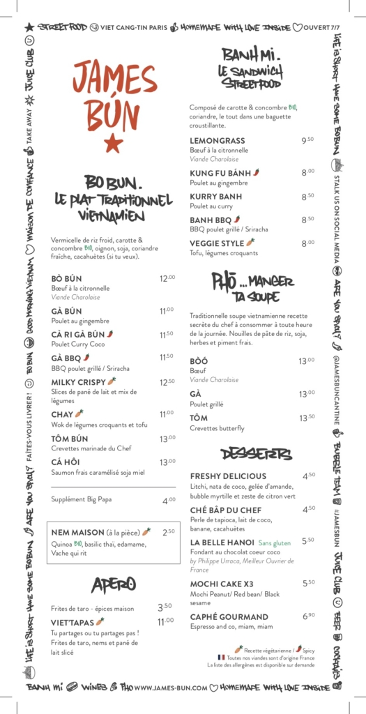 Nos menus – James Bun | Cantine Vietnamienne